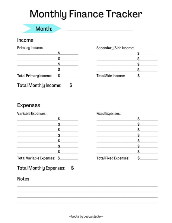 DOWNLOADABLE PRINTABLE Monthly Finance Tracker - Etsy