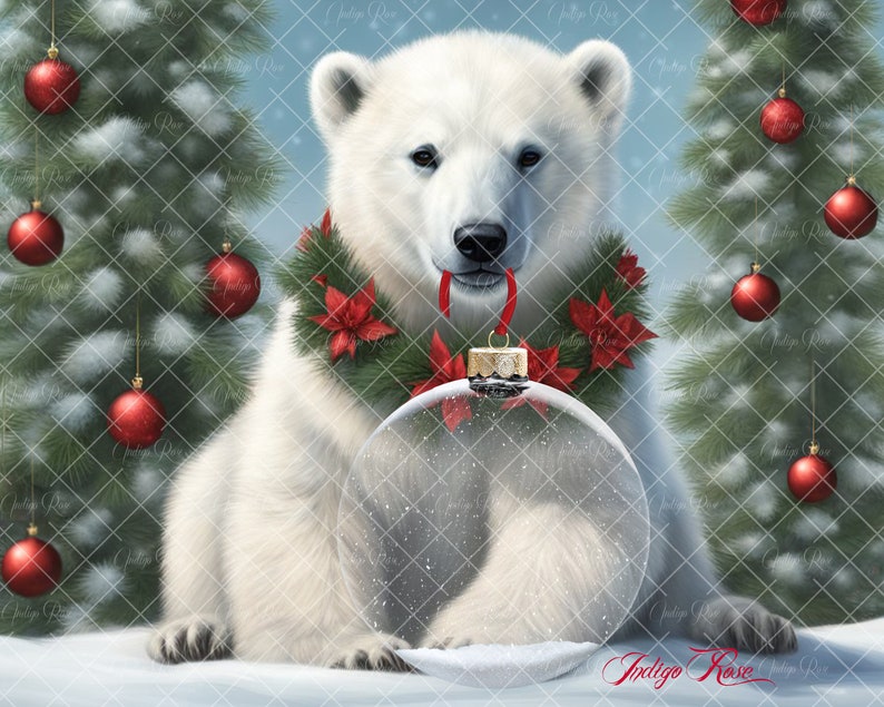 Christmas Digital Backdrop, Polar Bear Ornament, Layered PSD, Photo ...