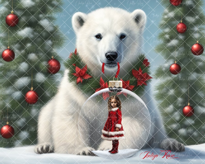 Christmas Digital Backdrop, Polar Bear Ornament, Layered PSD, Photo ...