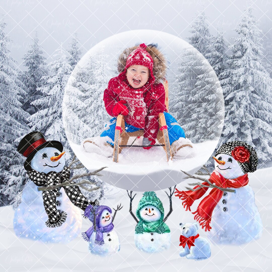 Christmas Digital Background, Snowman Family Snow Globe, Photoshop ...