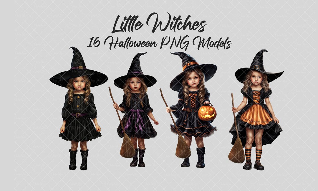 16 Halloween PNG Models, Little Girl Witches, Example of Use, Digital ...
