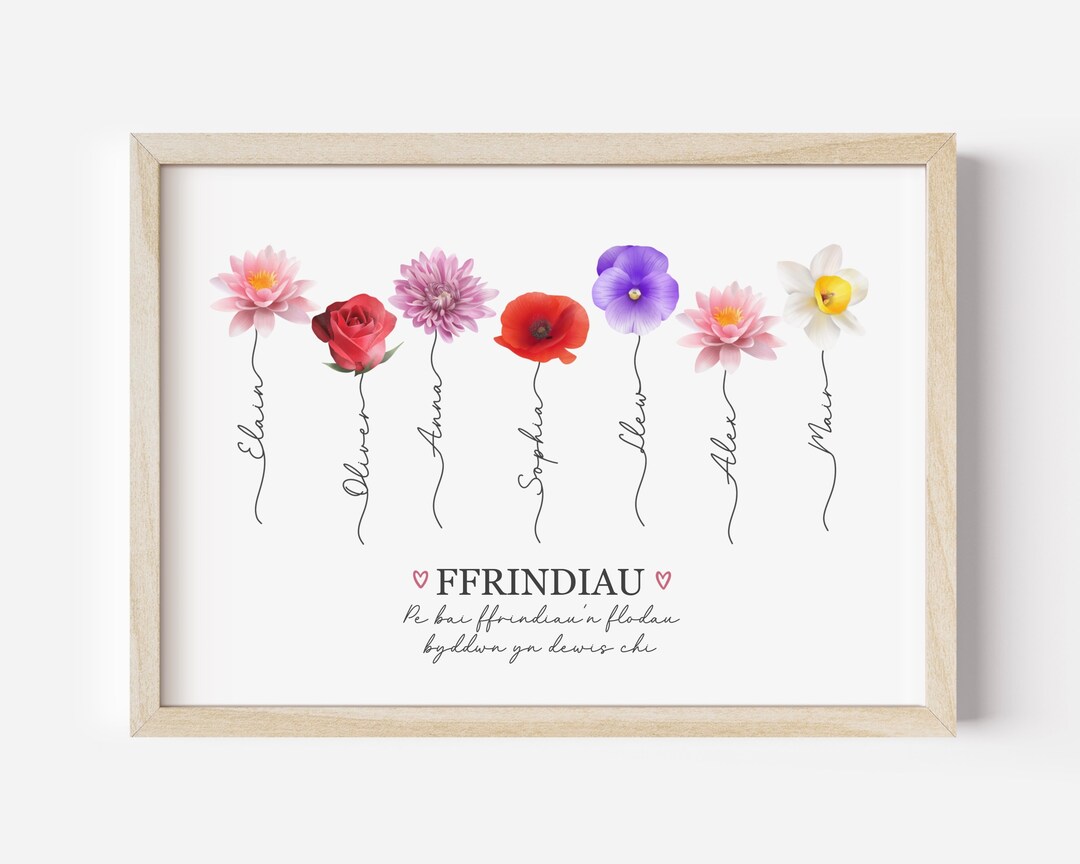 Personalised Ffrindiau Birth Flower Welsh Print | A4 UNFRAMED Print ...