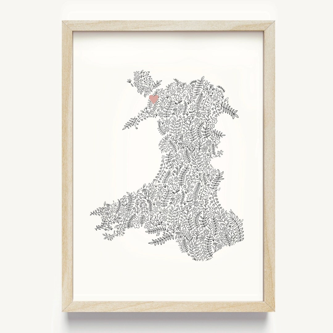 Personalised Floral Map of Wales Art Print Hand Illustrated Unframed A4 Print Personalised Gift ...