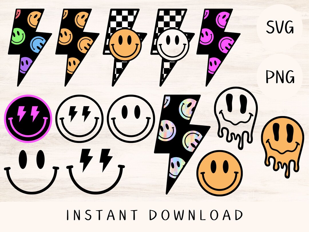 Smiley Lightning Bolt SVG and PNG Bundle, Checkered Smiley Lightning ...