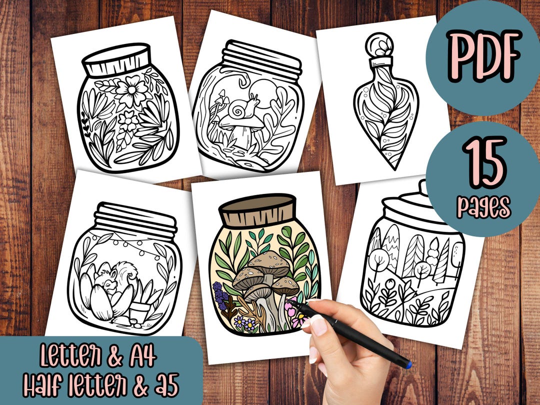 Bold Easy Forest Jar Coloring Pages, Relaxing Woodland Color Pages ...