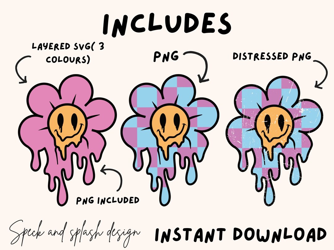 Dripping Smiley Flower PNG Bundle, Trendy Retro Flower SVG, Groovy ...