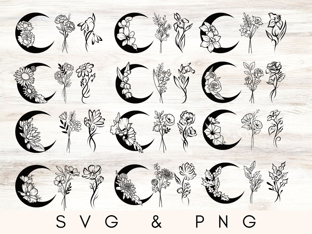 Birth Month Flower SVG and PNG Bundle, Botanical Moon Birthflower SVG ...