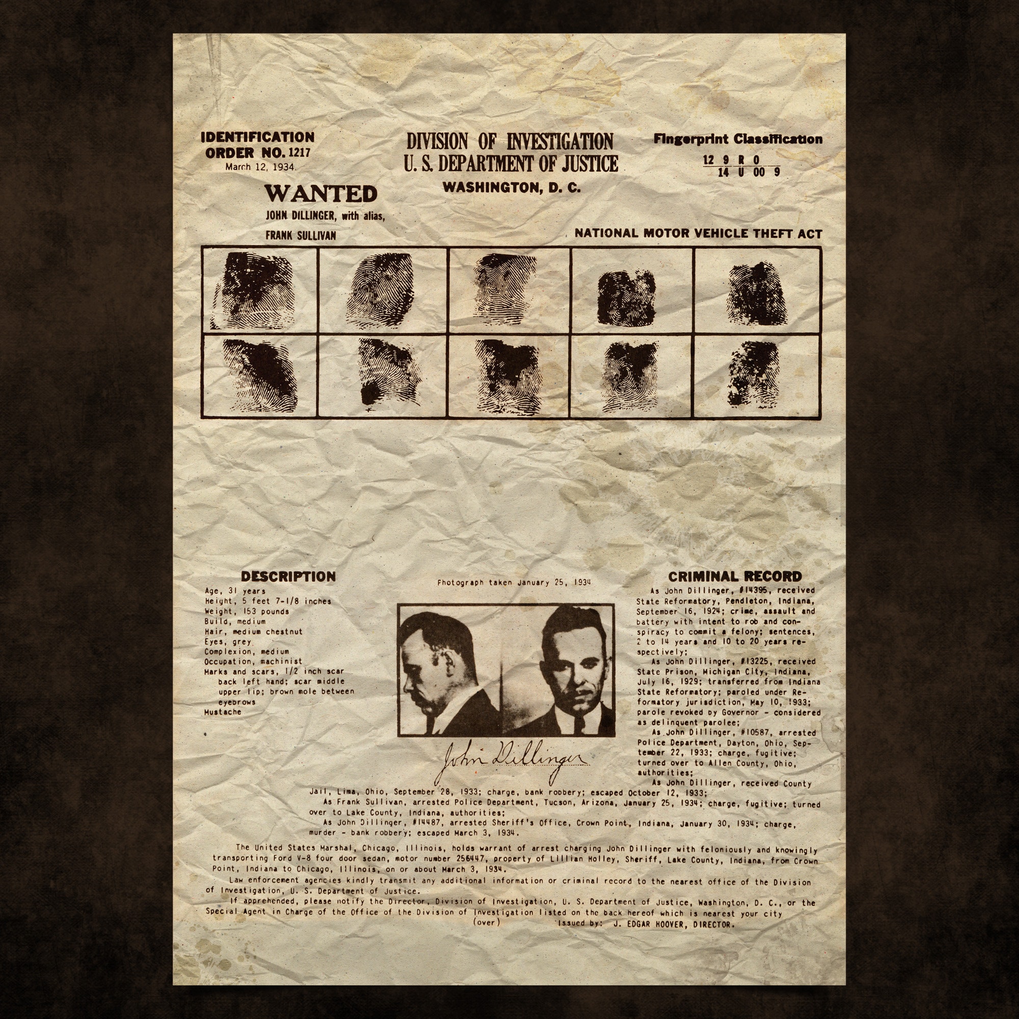 John Dillinger Wanted Poster, American Outlaw Art Print A4 and A3 Size ...