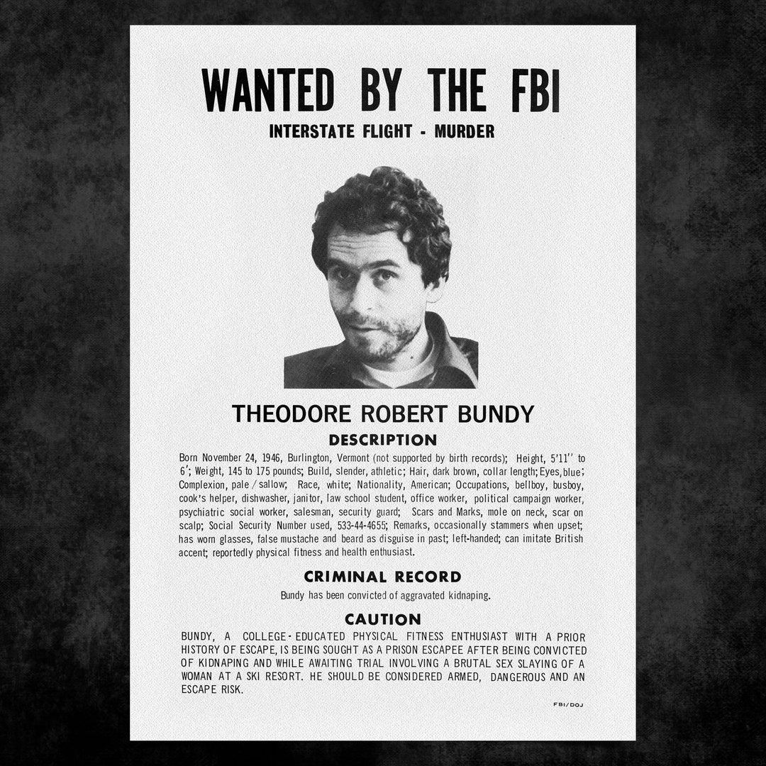 Ted Bundy 1978 Wanted Poster, Serial Killer Photo, Vintage Style Art ...