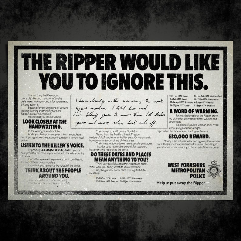 The Yorkshire Ripper Wanted Poster, Peter Sutcliffe, Serial Killer Art ...