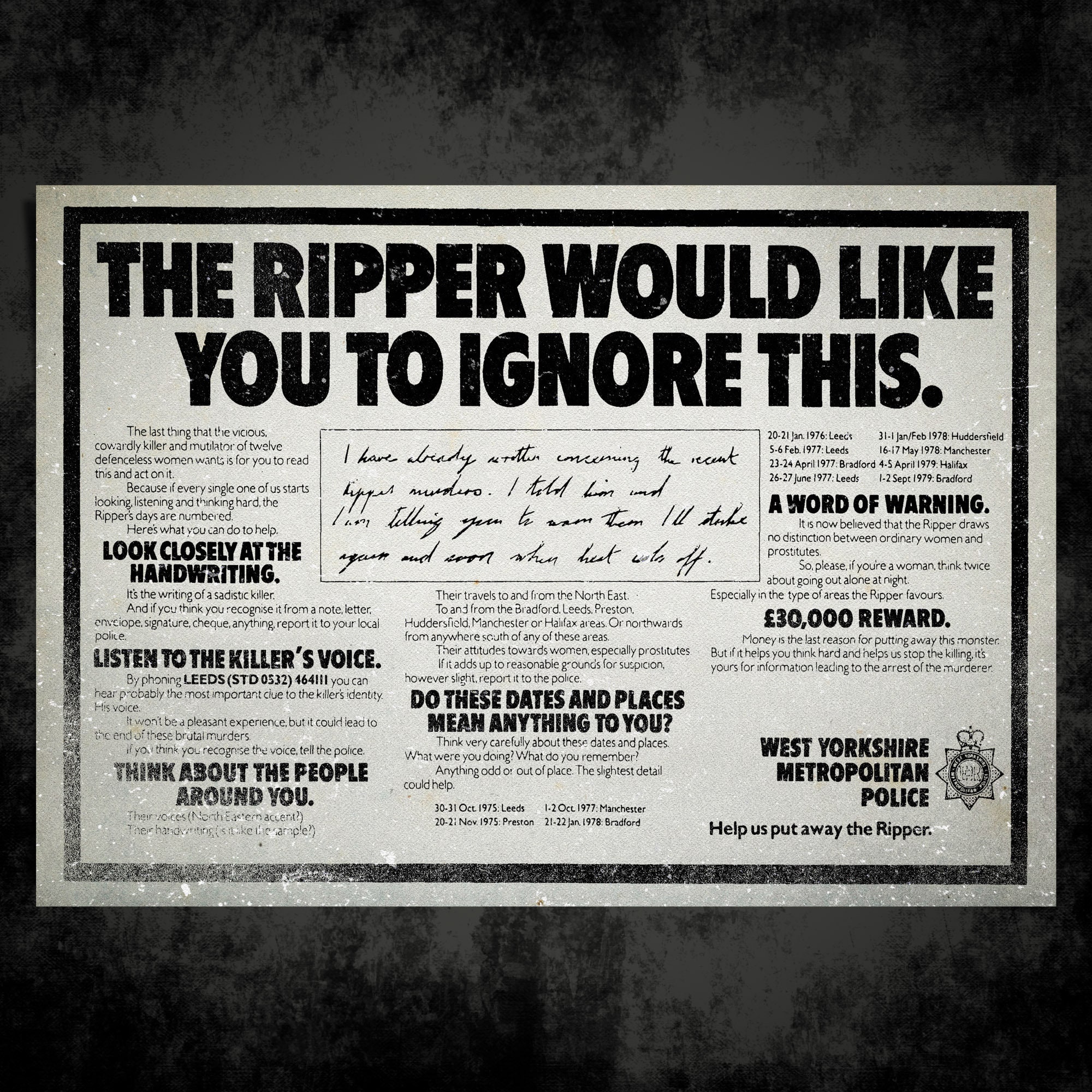 The Yorkshire Ripper Wanted Poster, Peter Sutcliffe, Serial Killer Art ...