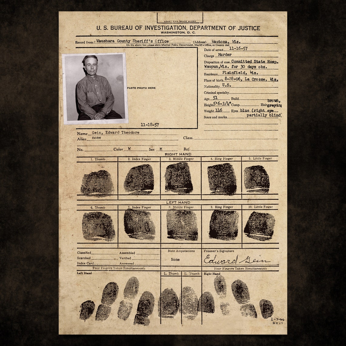 Ed Gein Police Record, Serial Killer Art Print - A4 and A3 Size - Etsy