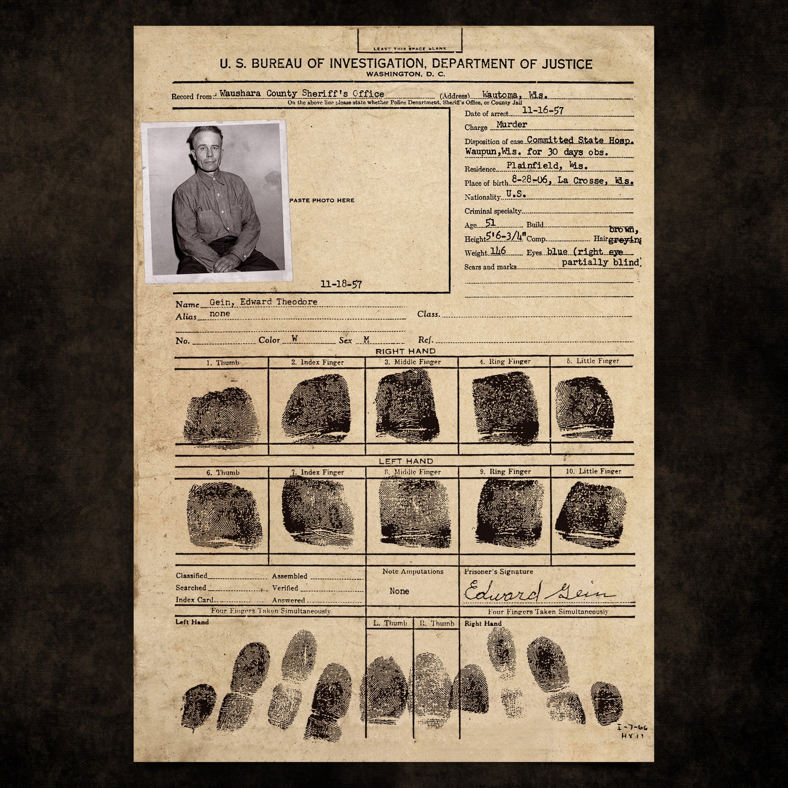 Ed Gein Police Record, Serial Killer Art Print - A4 and A3 Size - Etsy