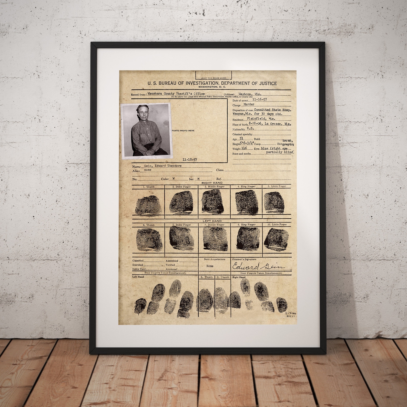 Ed Gein Police Record, Serial Killer Art Print A4 and A3 Size - Etsy