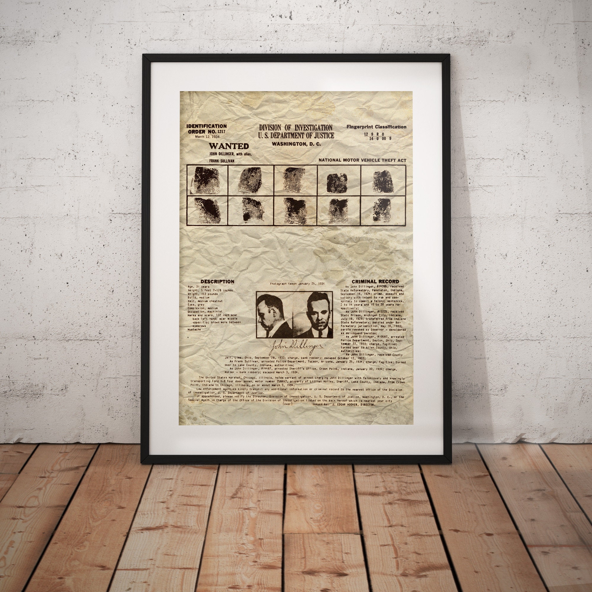 John Dillinger Wanted Poster, American Outlaw Art Print A4 and A3 Size ...