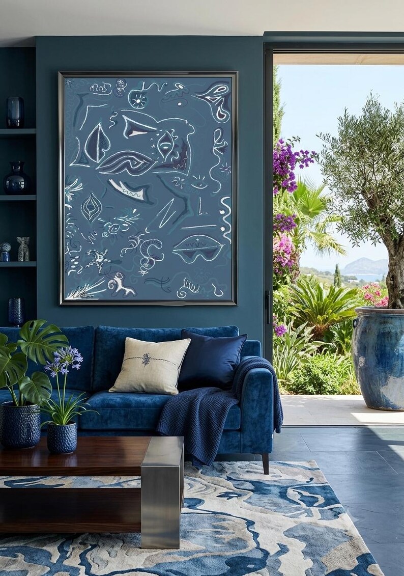 Abstract Blue Mediterranean Wall Art, Textured Coastal Painting ...