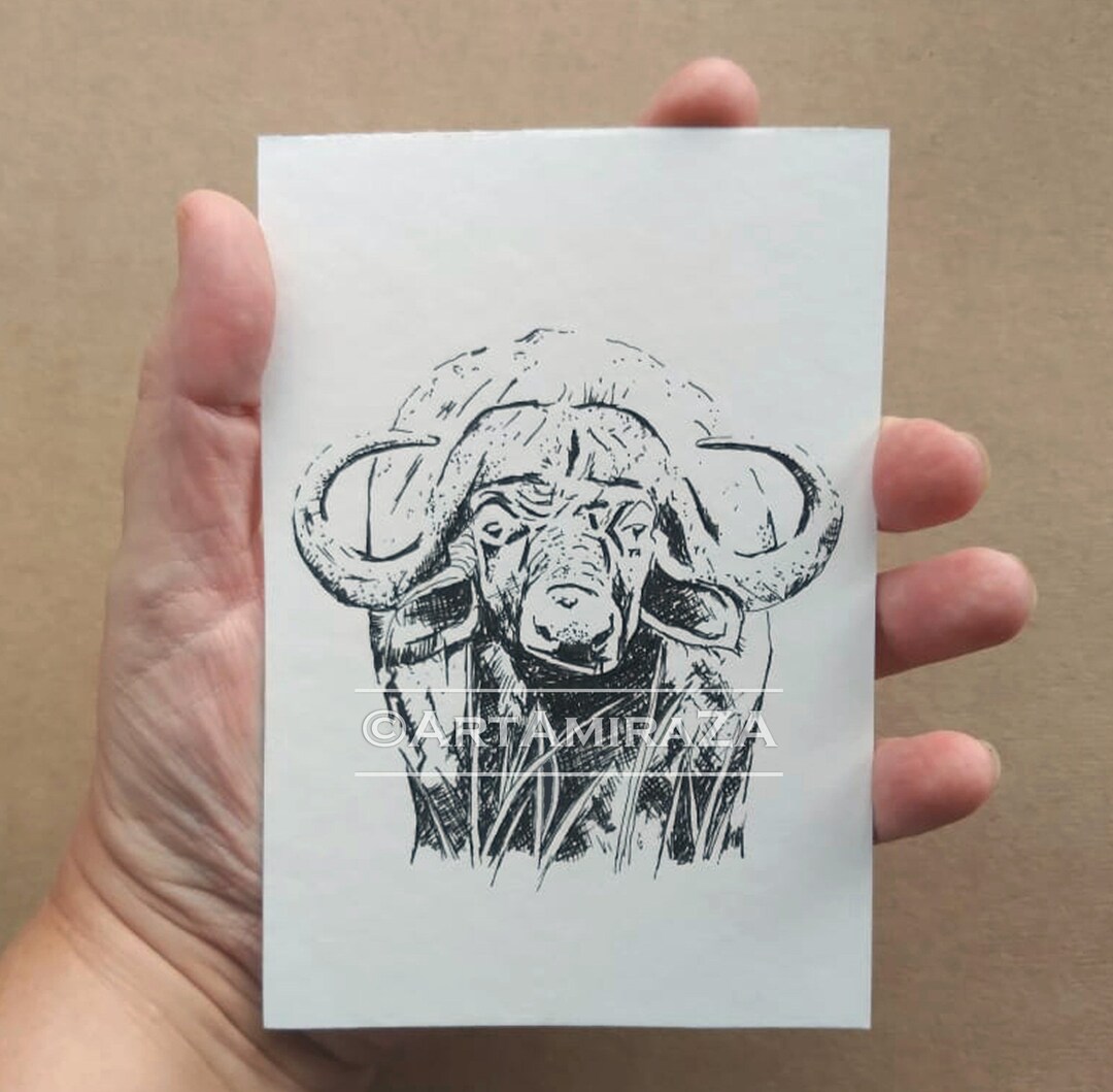 Hand Drawn African Buffalo ACEO Original Art Pen Ink Drawing Watercolor ...