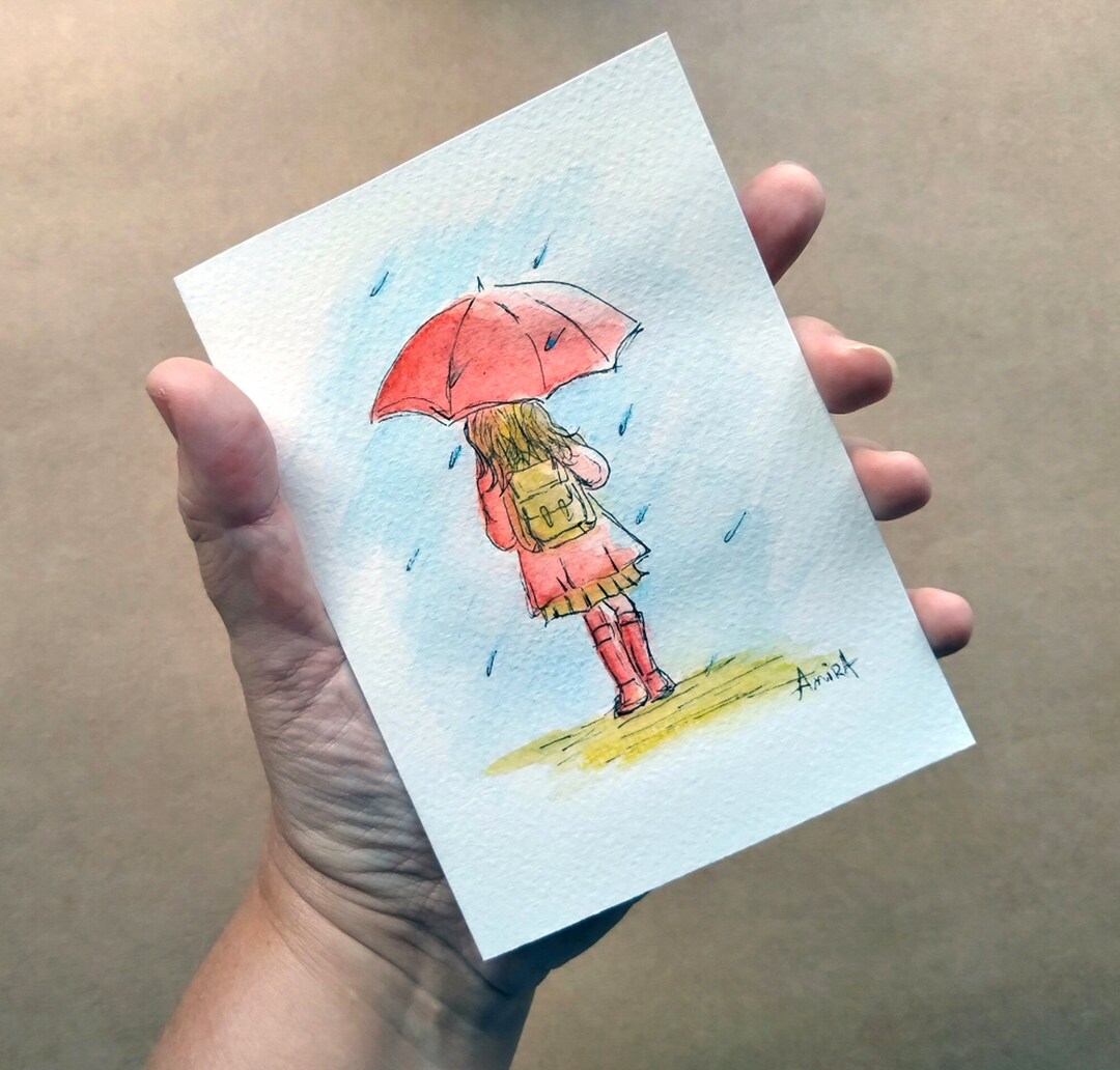 Hand Painted Watercolor Ink Illustrated Card. Girl Standing in the Rain ...
