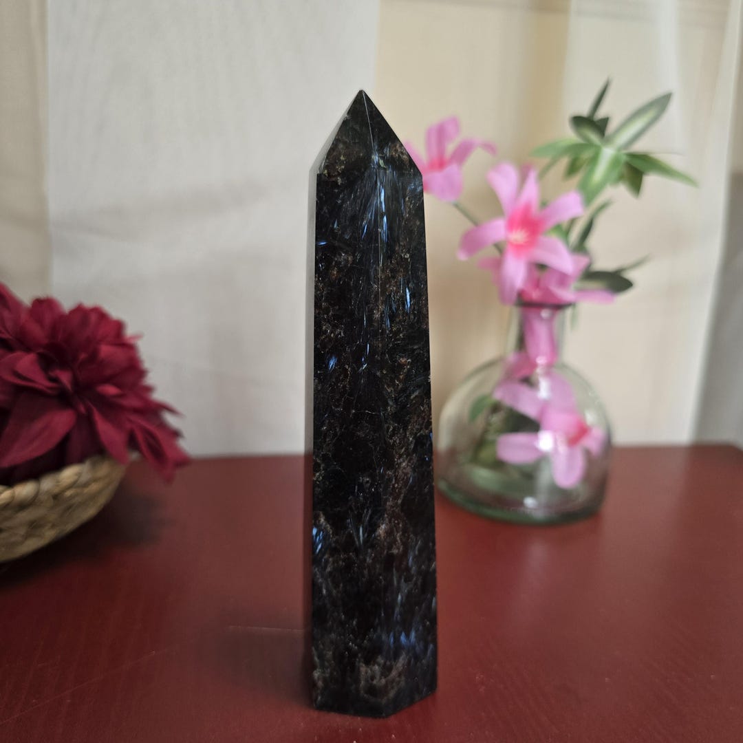 6" Arfvedsonite in Garnet Firework Stone Crystal Tower Blue Flashes ...