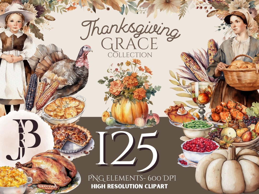 Thanksgiving Clipart Bundle Pilgrim, Turkey, Pumpkin Pie, Fall Harvest ...