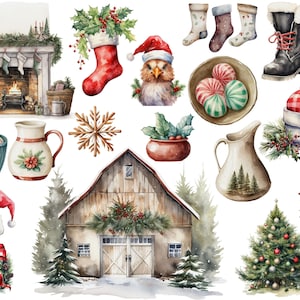Watercolor Farmhouse Christmas Holiday Clipart Set Collection - Etsy
