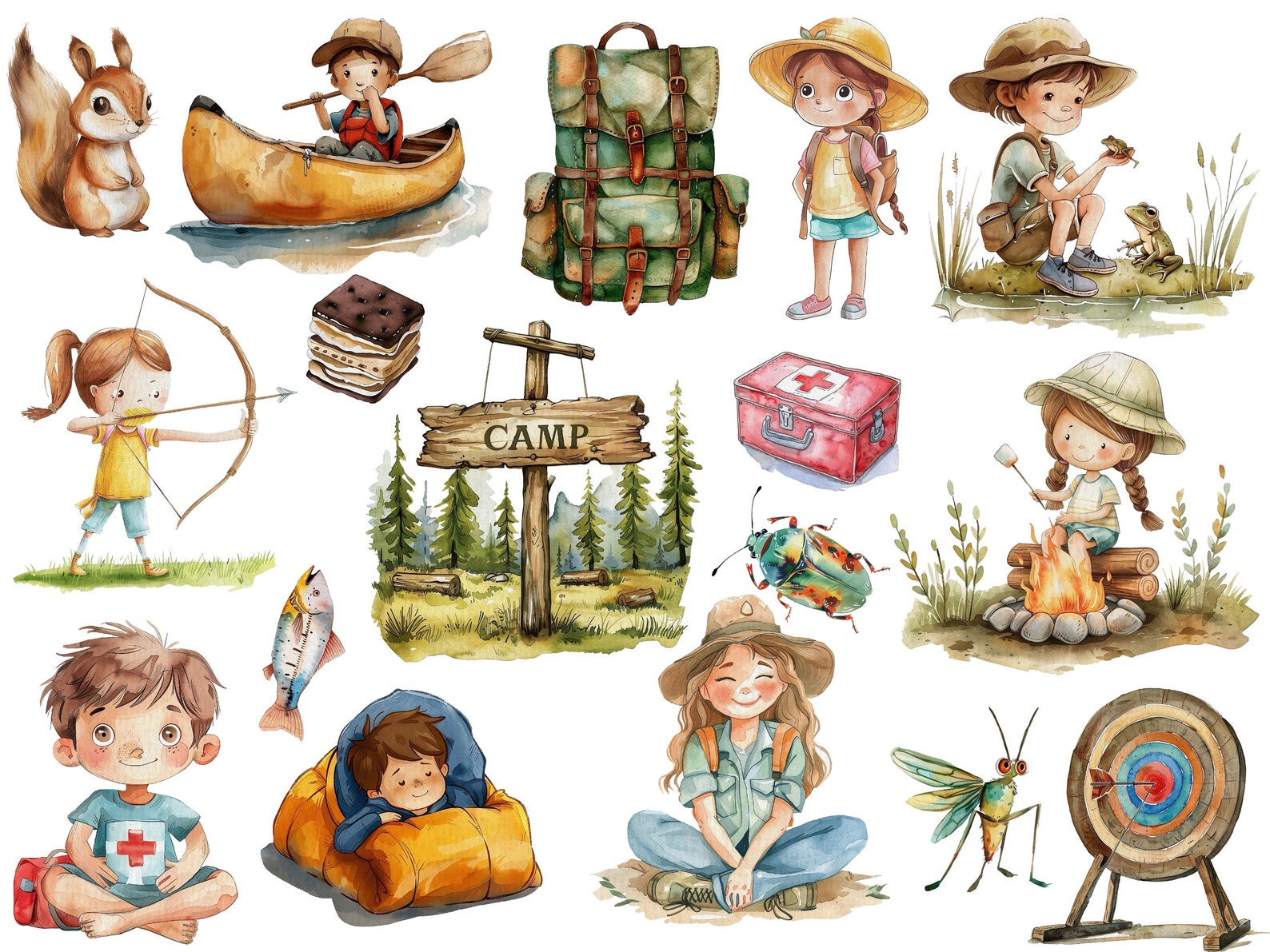 Summer Camp Clipart Graphics Collection Set in Watercolor, Commercial ...