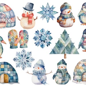 Winter Snowman Penguins and Quilted Cabins Clipart Set, Watercolor ...