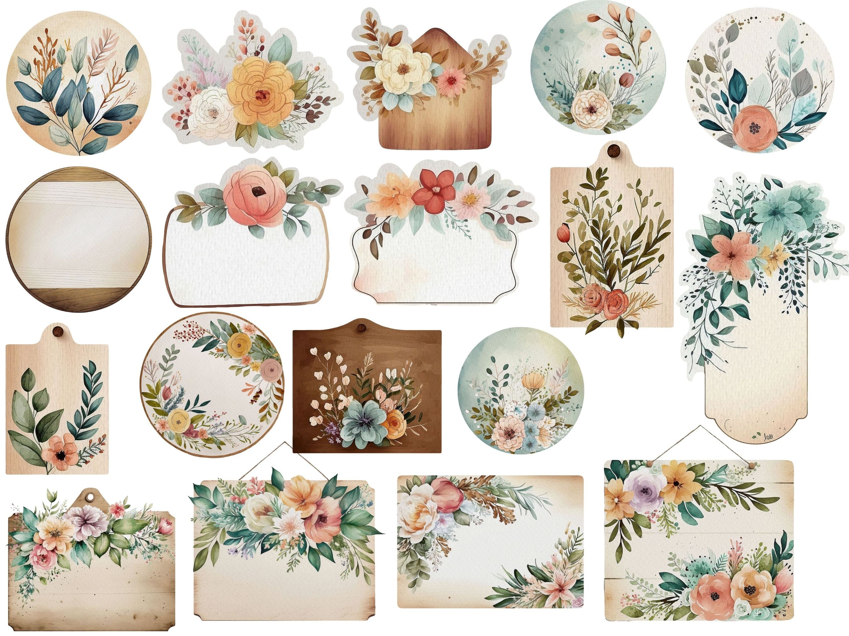 Watercolor Flower Labels and Signs With Floral Elements Individual PNG ...