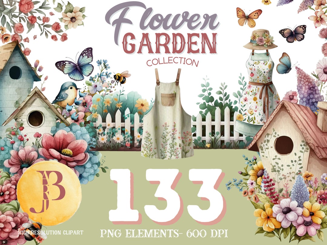 Farmhouse Flower Garden Clipart Bundle - 133 Watercolor PNG Elements ...