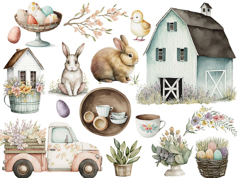 Watercolor Farmhouse Easter Clipart Farmhouse Truck Clip Art - Etsy