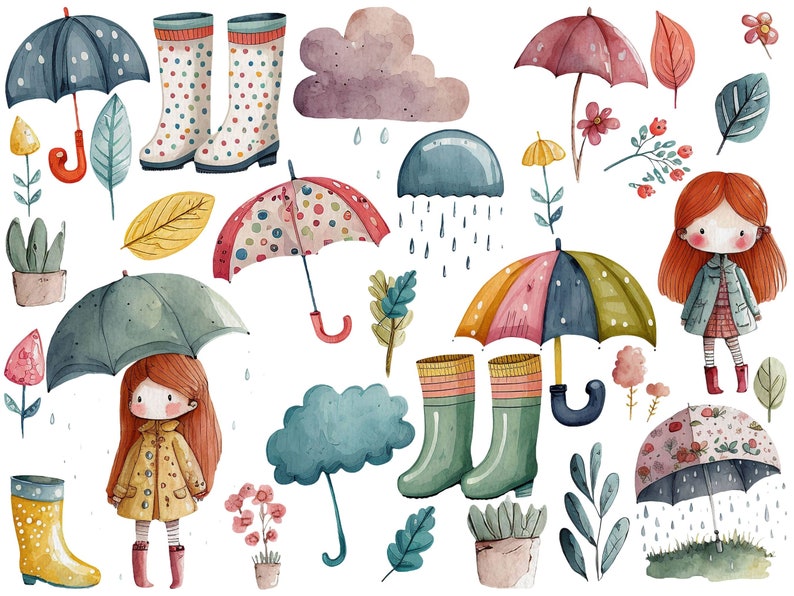 Rainy Day Spring Clipart, Instant Download - Umbrella Clipart ...