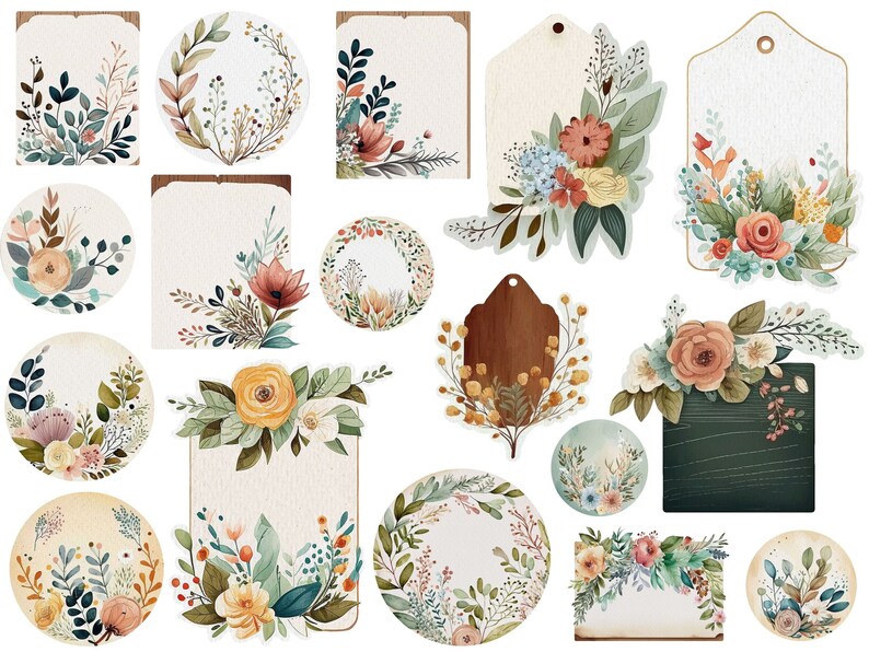 Watercolor Flower Labels and Signs With Floral Elements Individual PNG ...