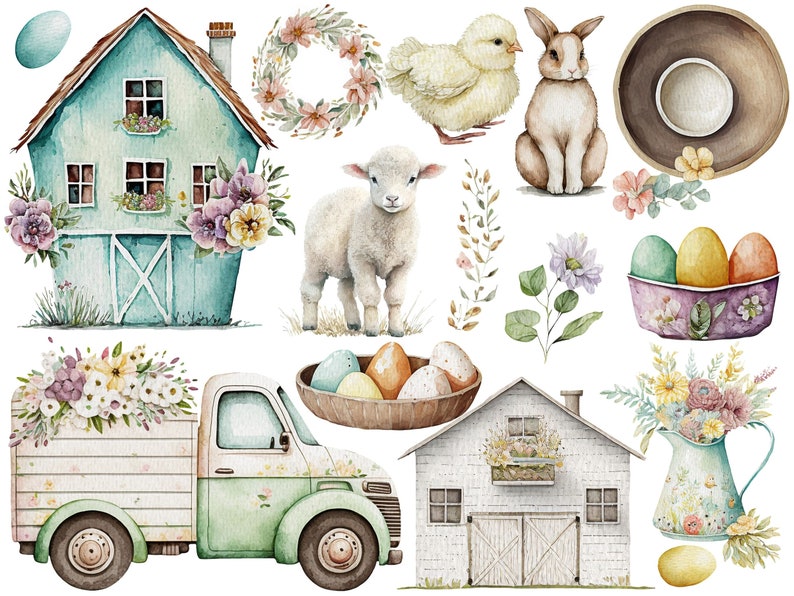 Watercolor Farmhouse Easter Clipart Farmhouse Truck Clip Art - Etsy