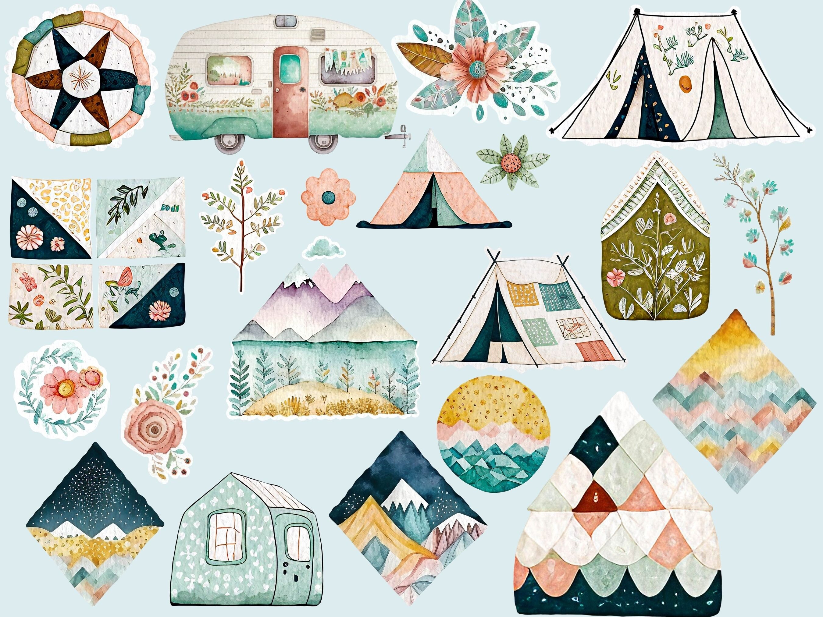Watercolor Camping Clipart Collection- A Cute Quilt Clipart Collection ...
