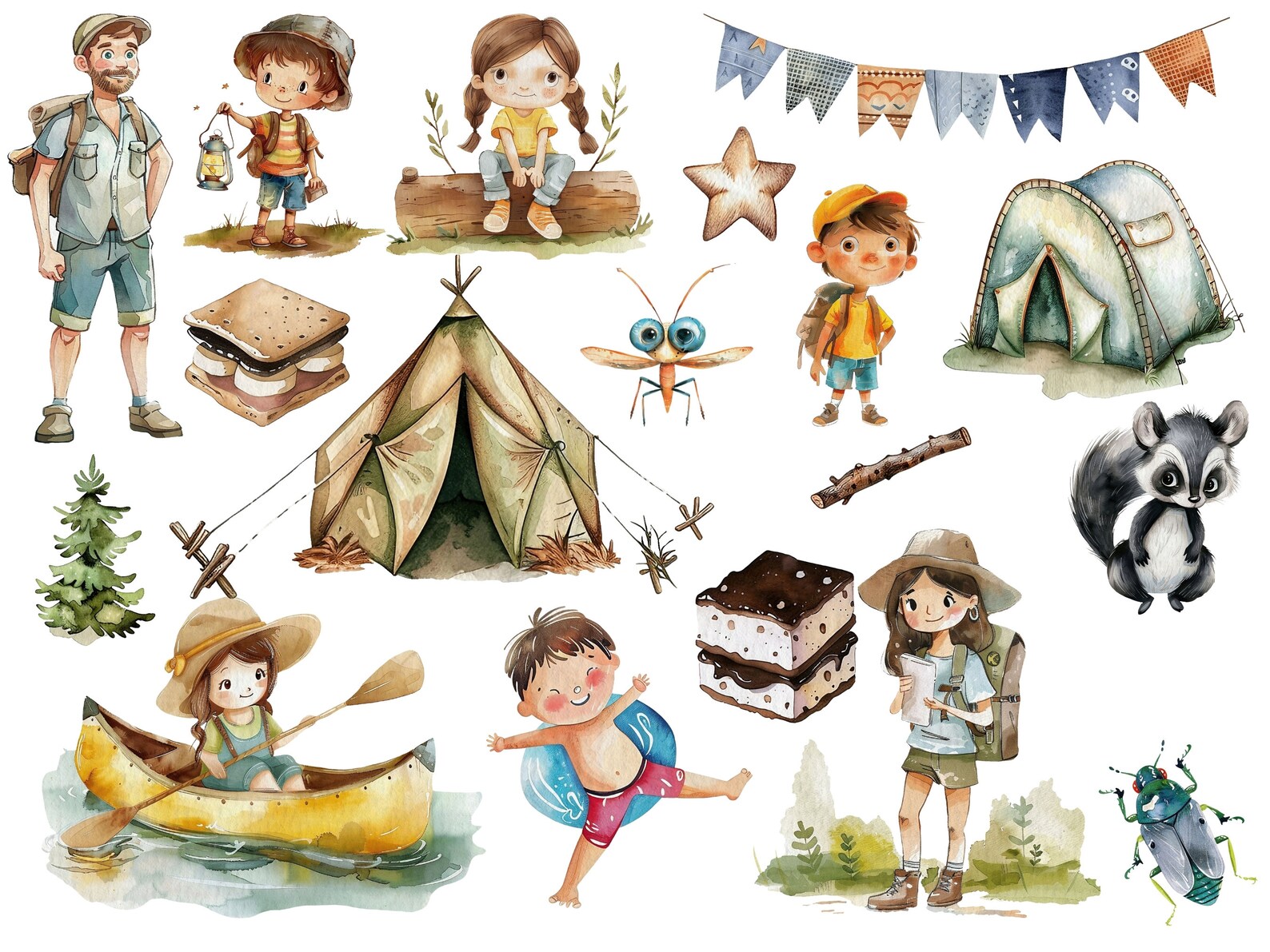 Summer Camp Clipart Graphics Collection Set in Watercolor, Commercial ...