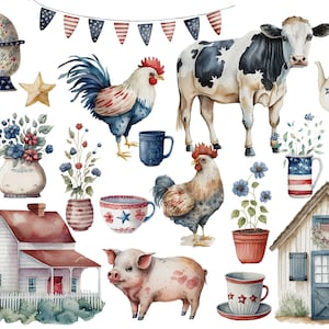 Watercolor Patriotic Farmhouse Clipart, 4th of July Farmhouse Clipart ...