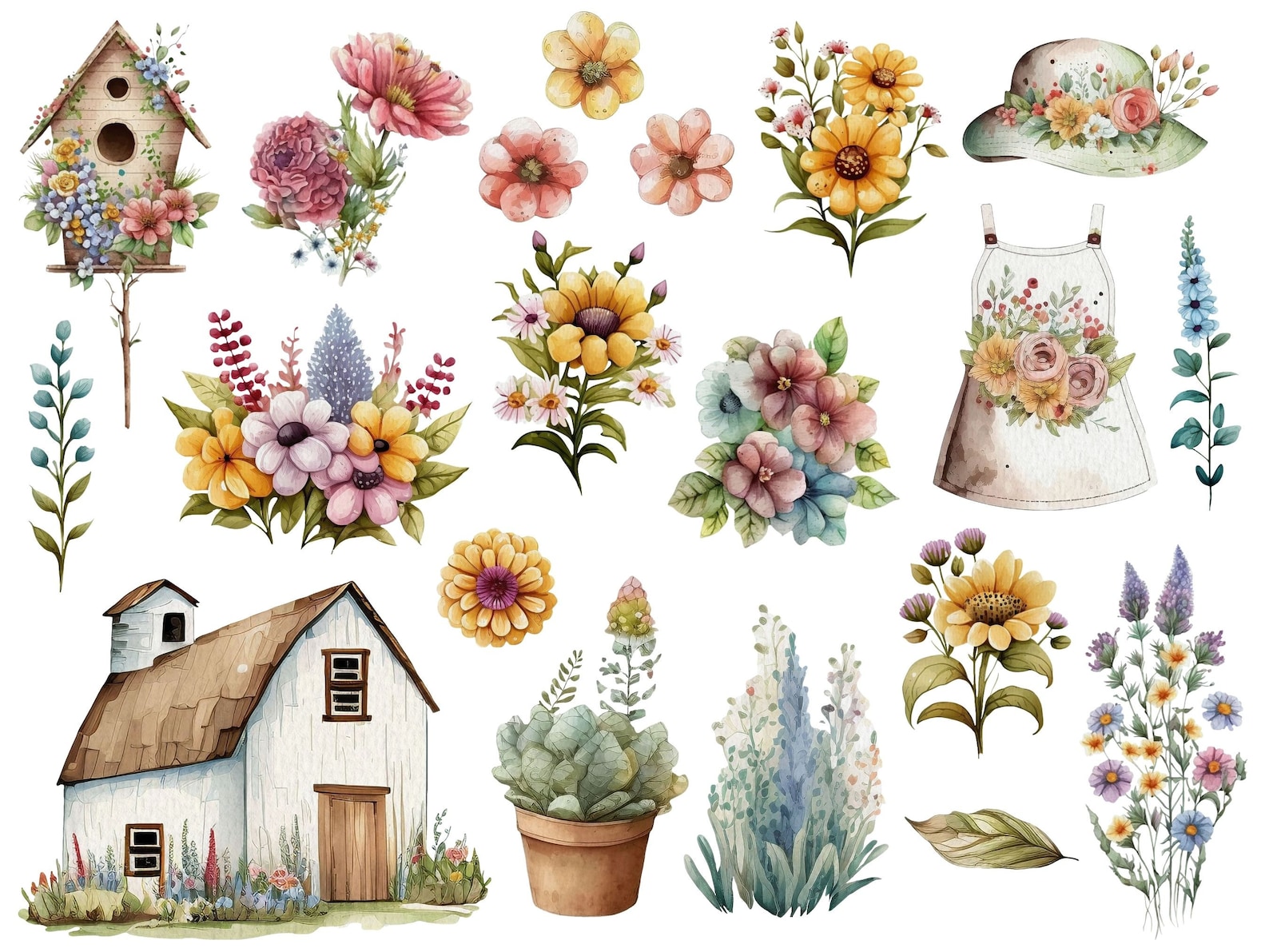Farmhouse Flower Garden Clipart Bundle - 133 Watercolor PNG Elements ...