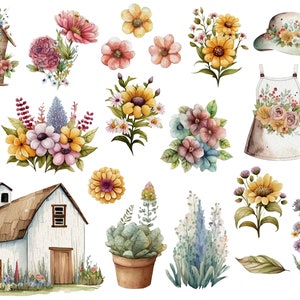 Farmhouse Flower Garden Clipart Bundle - 133 Watercolor PNG Elements ...