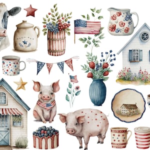 Watercolor Patriotic Farmhouse Clipart, 4th of July Farmhouse Clipart ...