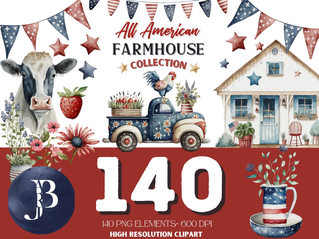 Watercolor Patriotic Farmhouse Clipart, 4th of July Farmhouse Clipart ...