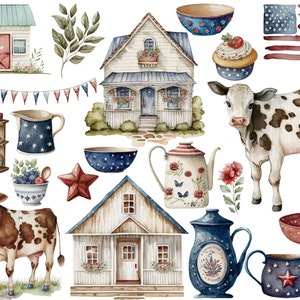 Watercolor Patriotic Farmhouse Clipart, 4th of July Farmhouse Clipart ...