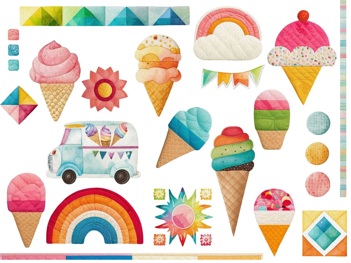 Watercolor Summer Ice Cream Clipart Collection, Quilt Block Clipart ...