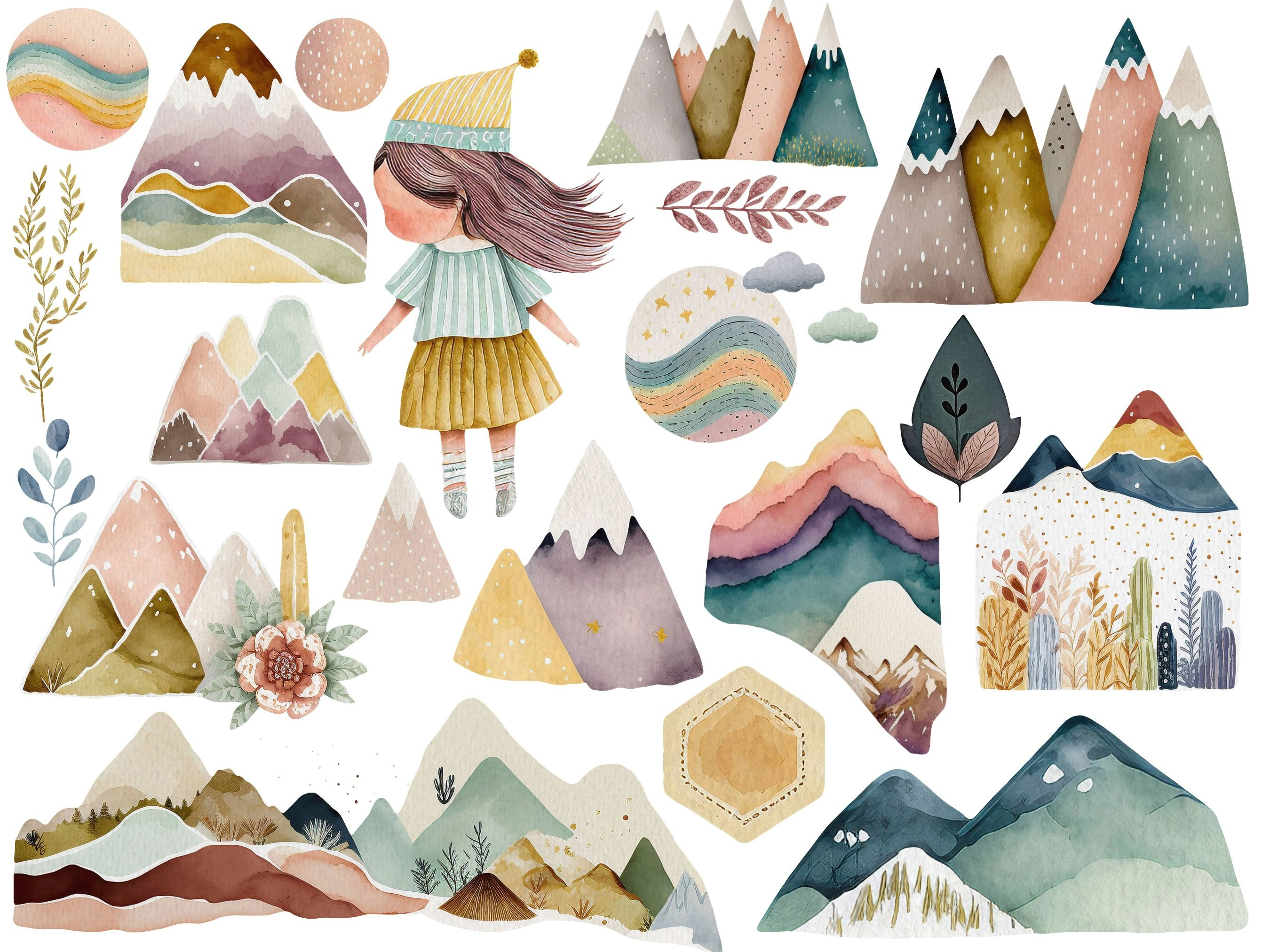 Boho Mountain Cliparts Clip Art, Boho Clipart Collection, Mountain ...