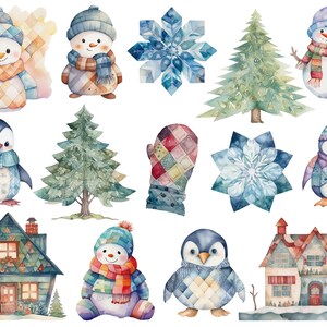Winter Snowman Penguins and Quilted Cabins Clipart Set, Watercolor ...