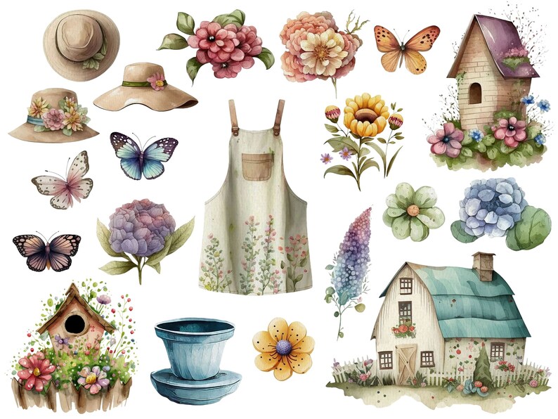 Farmhouse Flower Garden Clipart Bundle - 133 Watercolor PNG Elements ...