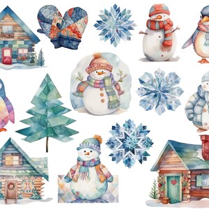 Winter Snowman Penguins and Quilted Cabins Clipart Set, Watercolor ...
