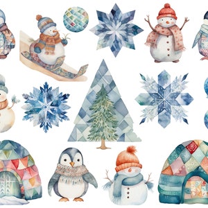 Winter Snowman Penguins and Quilted Cabins Clipart Set, Watercolor ...