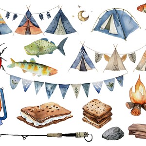 Summer Camp Clipart Graphics Collection Set in Watercolor, Commercial ...