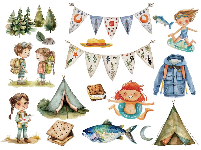 Summer Camp Clipart Graphics Collection Set in Watercolor, Commercial ...