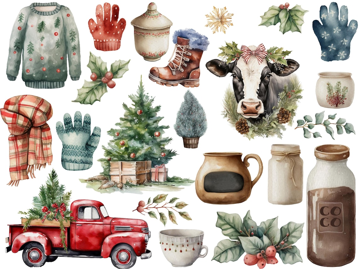 Watercolor Farmhouse Christmas Holiday Clipart Set Collection - Etsy
